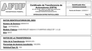 Certificado CETA para la Transferencia de Automotores